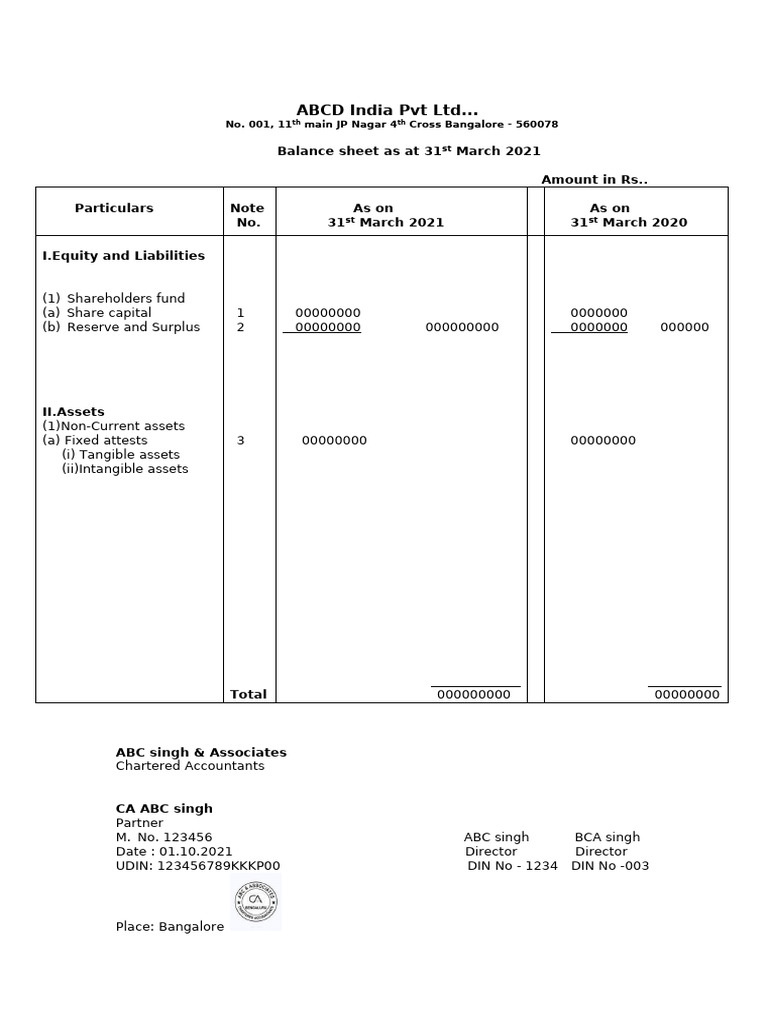 20UXCSK1 Sample Balance Sheet Corporate | PDF