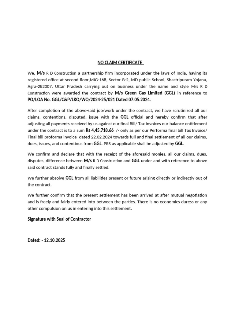 No Claim Certificate for Contract Settlement | PDF