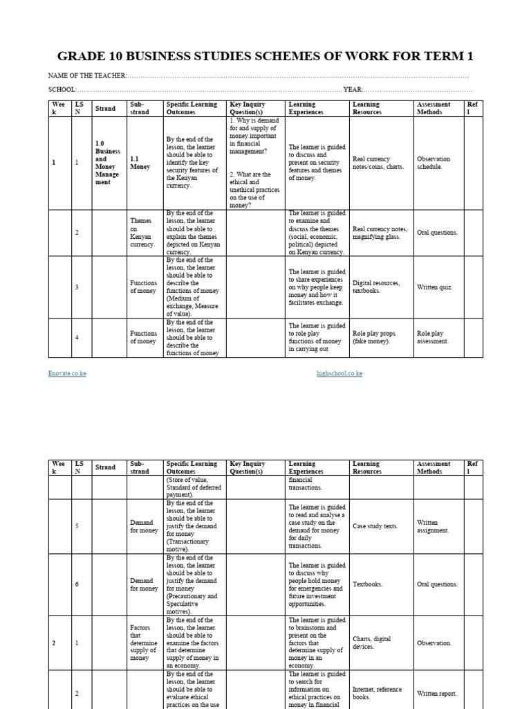 Grade 10 Business Studies Term 1 Plan | PDF | Budget | Learning