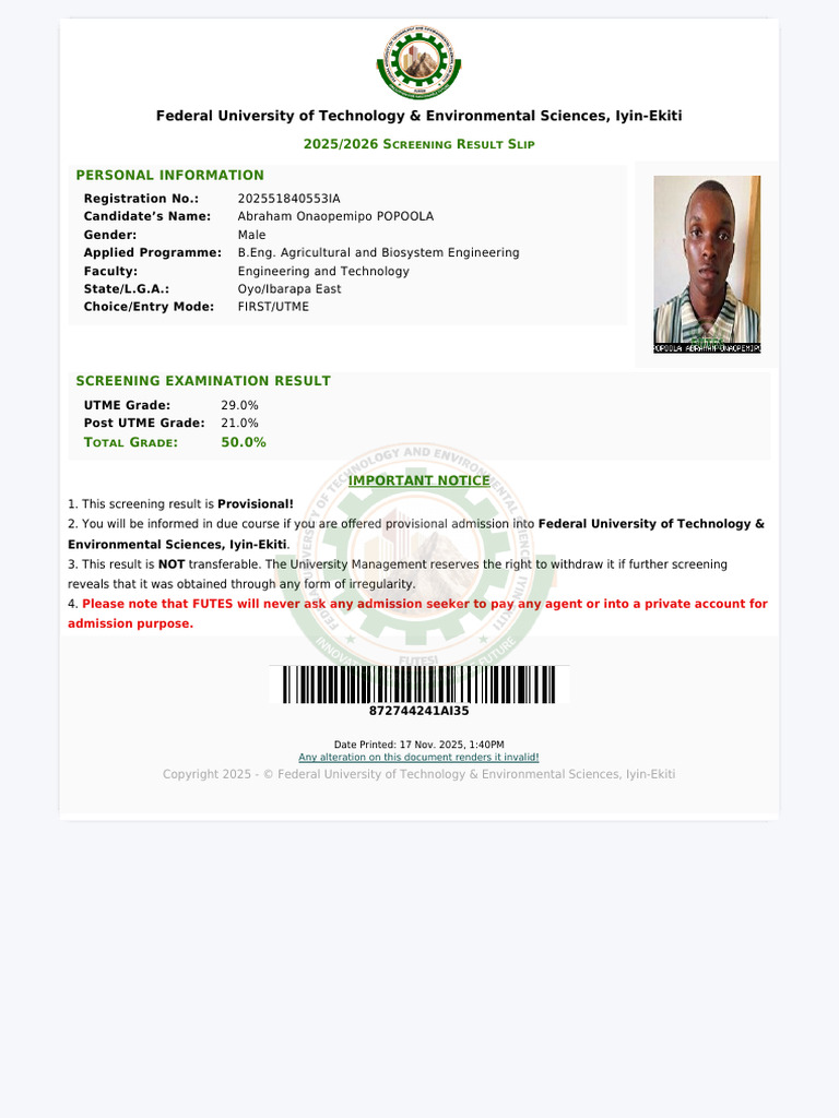 202551840553IA - 2025-2026 - 2025 - 2026 Screening Result Slip | PDF