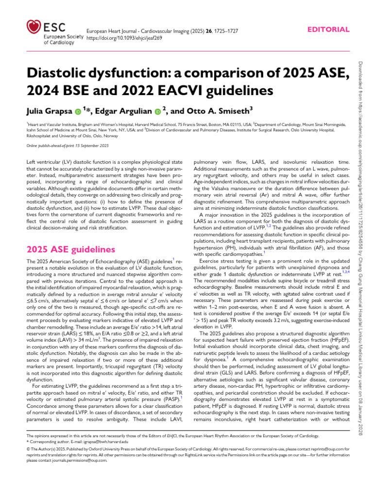 Diastolic Dysfunction A Comparison Of 2025 Ase 2024 Bse And 2022