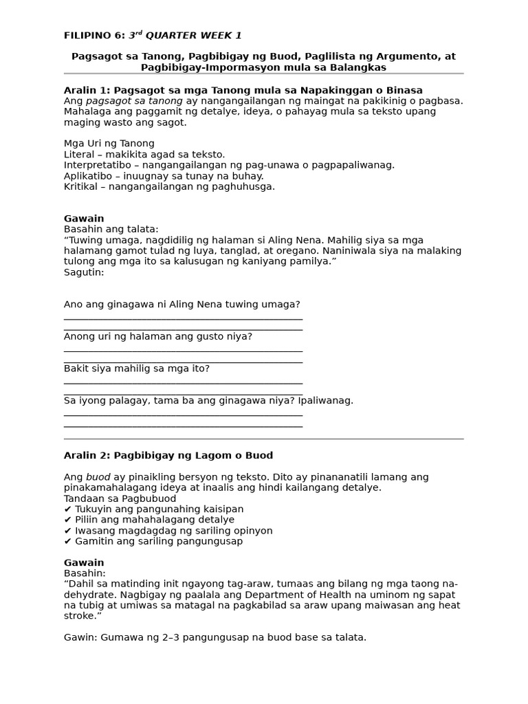 FILIPINO 6 Module Week 1 and 2 | PDF