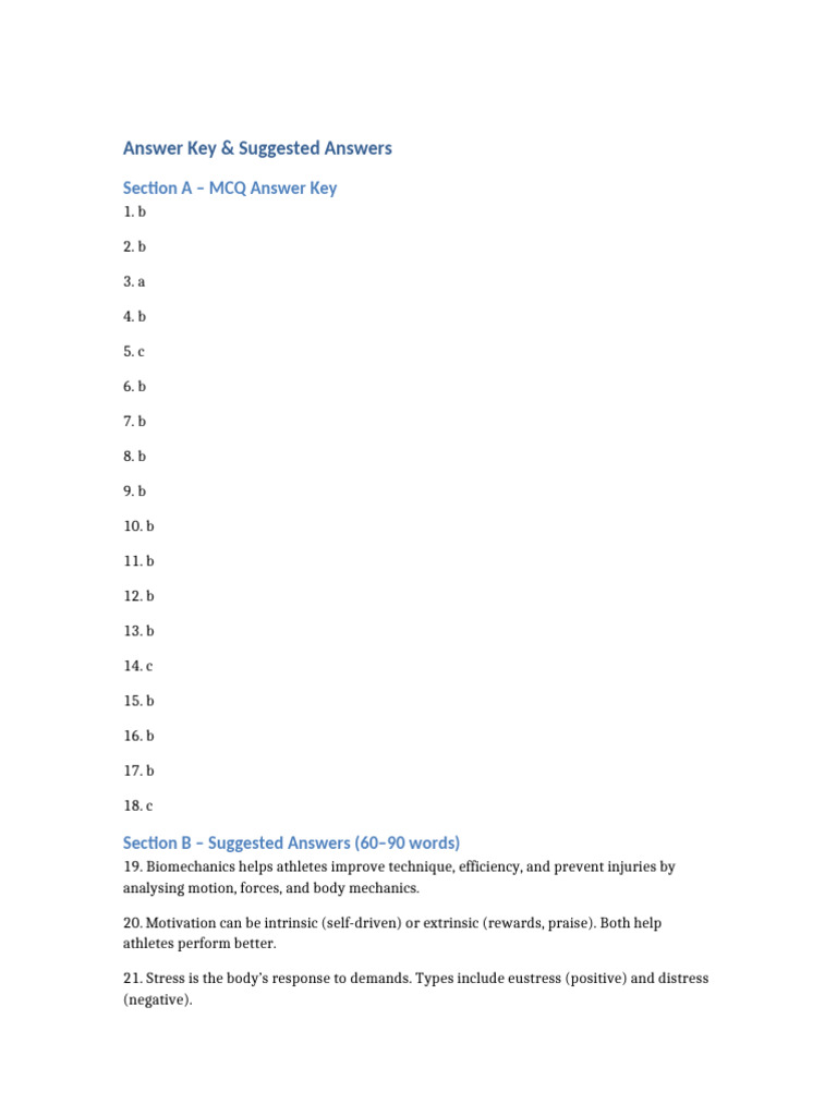 Answer Key Physical Education Chapter 8,9&10 | PDF
