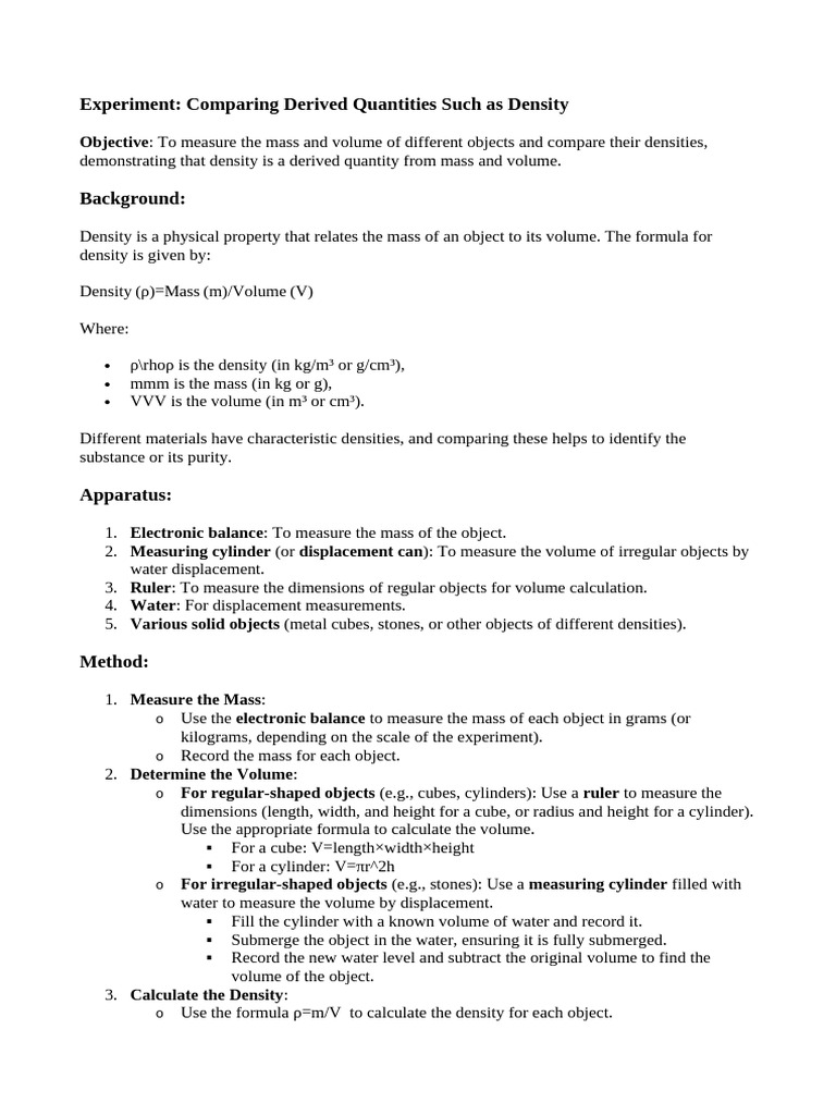 Density Measurement Experiment Guide | PDF | Density | Volume