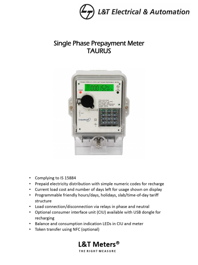 L&T Taurus Single Phase Prepayment Meter | PDF | Mains Electricity ...