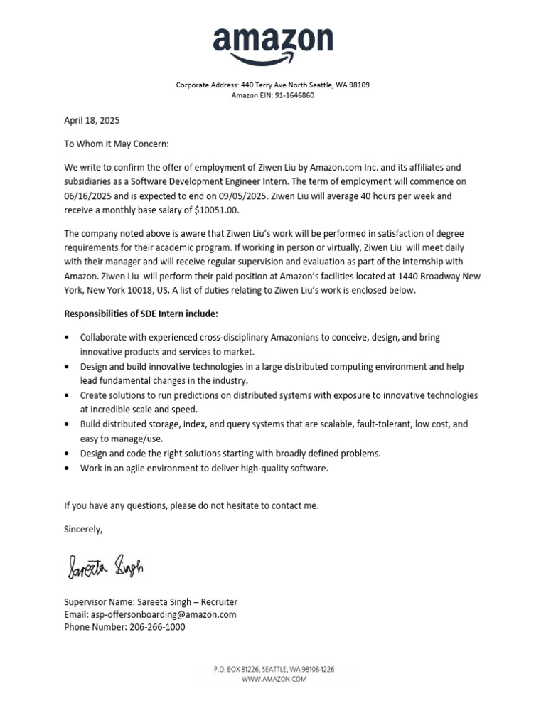 Amazon SDE Intern Offer Letter | PDF