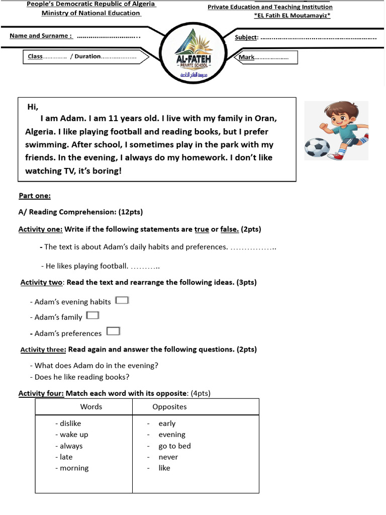 Adam's Daily Habits and Preferences | PDF