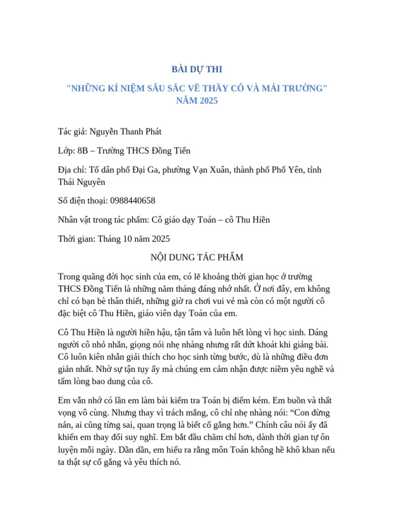 Bai Du Thi Nhung Ki Niem Ve Thay Co Nguyen Tra My (1) | PDF