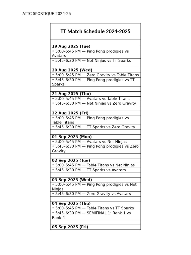 ATTC Sportique TT Match Schedule 2024-25 | PDF