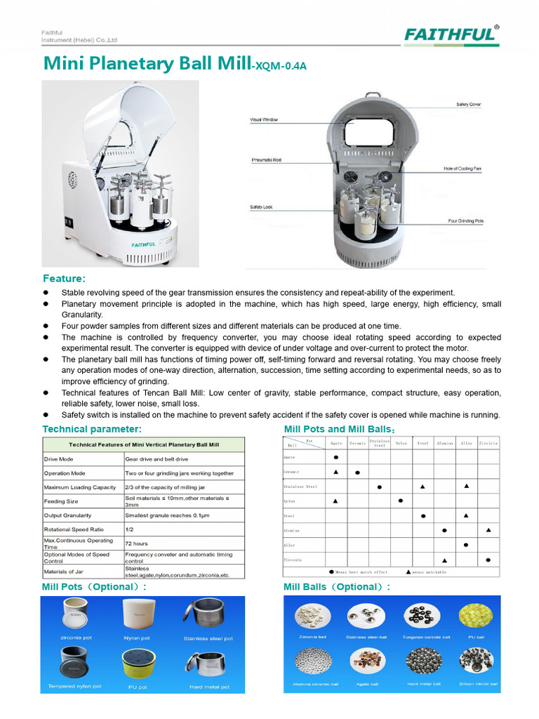 Mini Planetary Ball Mill XQM-0.4A Features | PDF