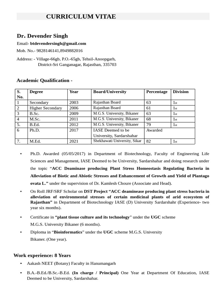 Devender Resume 2025 | PDF | Molecular Biology | Gel Electrophoresis