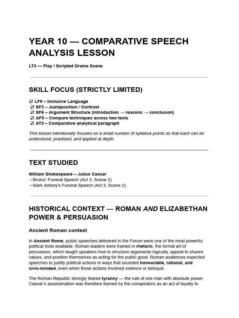 Year 10 — Julius Caesar Comparative Speech Analysis Lesson | PDF ...