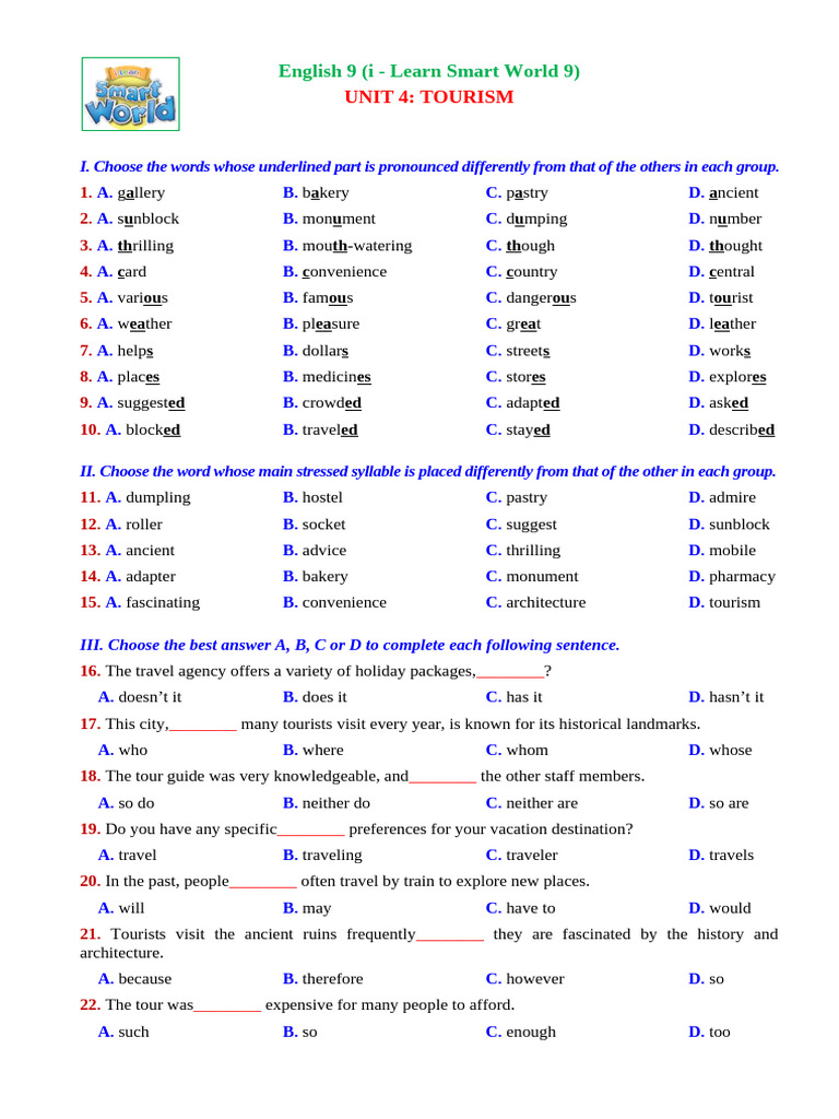 BTBT I-learn Smart World 9 HK1 Unit 4 (HS) | PDF | Tourism