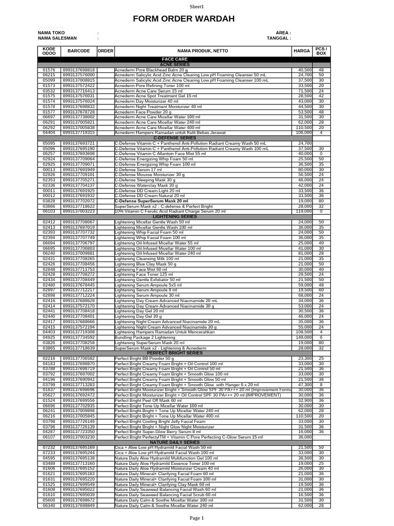 Wardah Product Order Form Surabaya | PDF | Sunscreen | Cosmetics