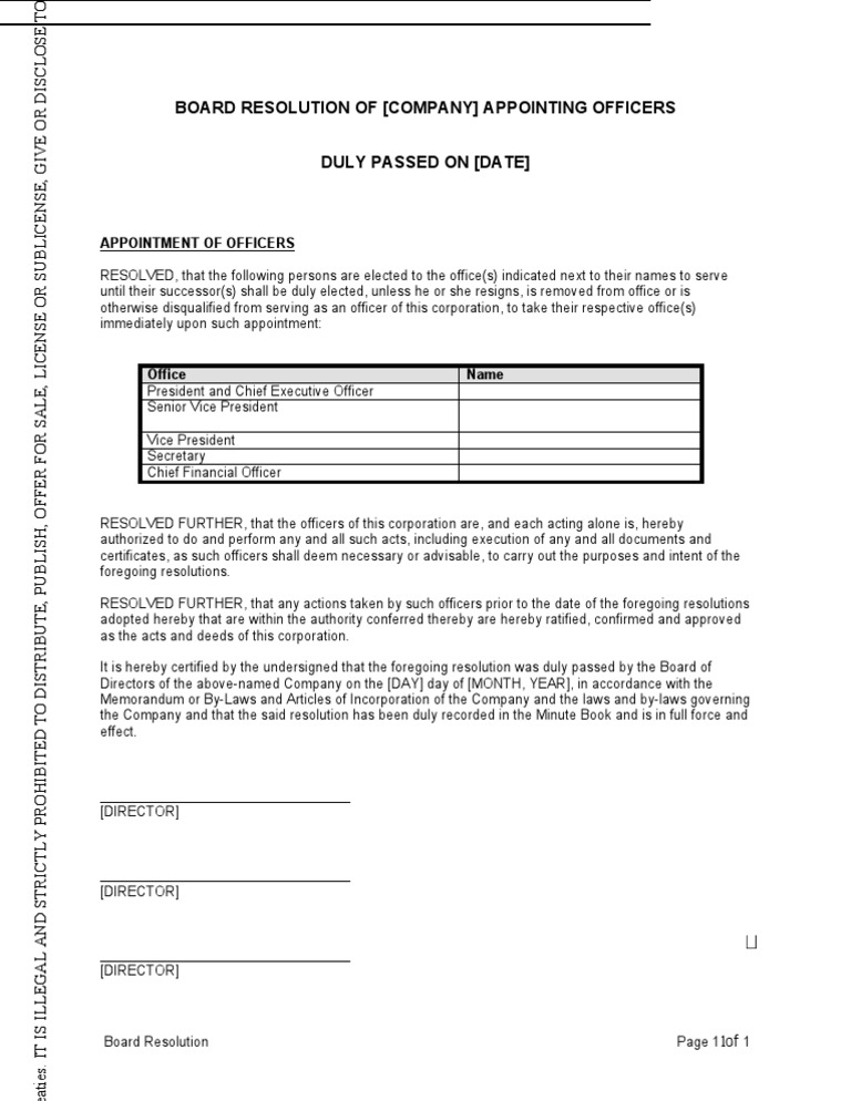 Board Resolution Appointing Officers | PDF | Board Of Directors ...
