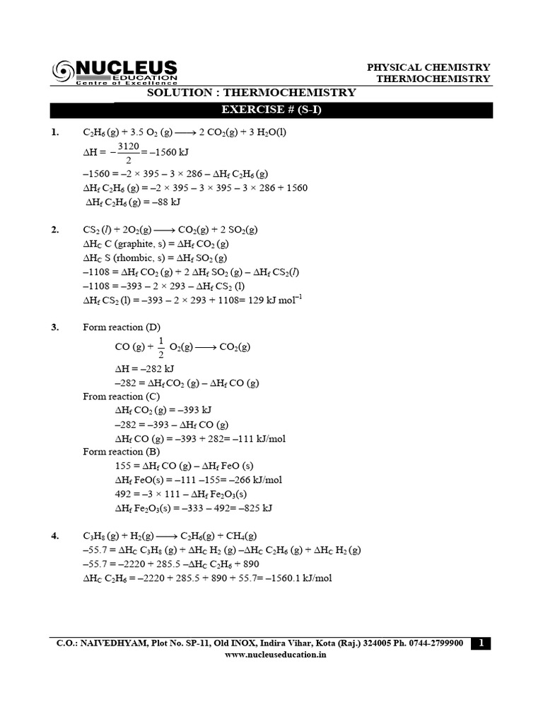 Thermochemistry Sheet Solution | PDF | Calorie | Units Of Measurement