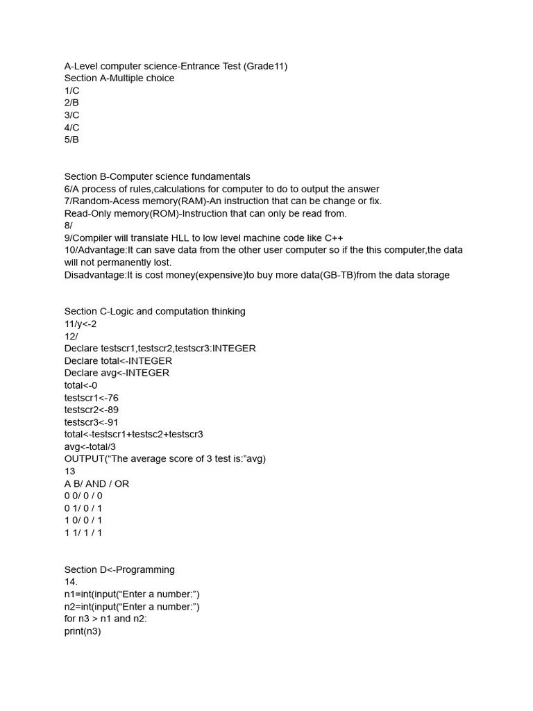 A-Level Computer Science Entrance Test | PDF