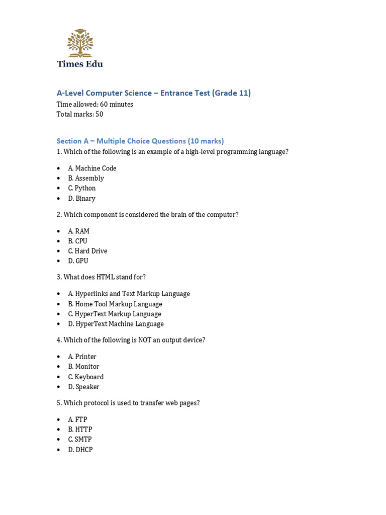A-Level Computer Science Entrance Test | PDF