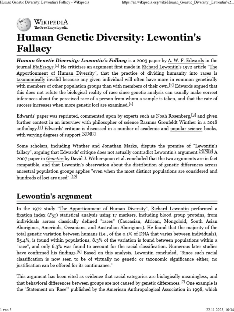 Human Genetic Diversity_ Lewontin's Fallacy - Wikipedia | PDF ...
