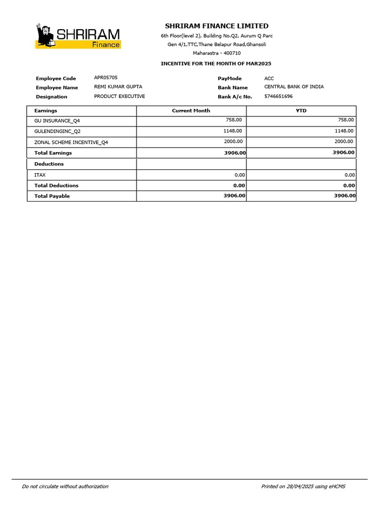 Remi Kumar Incentive Slip | PDF