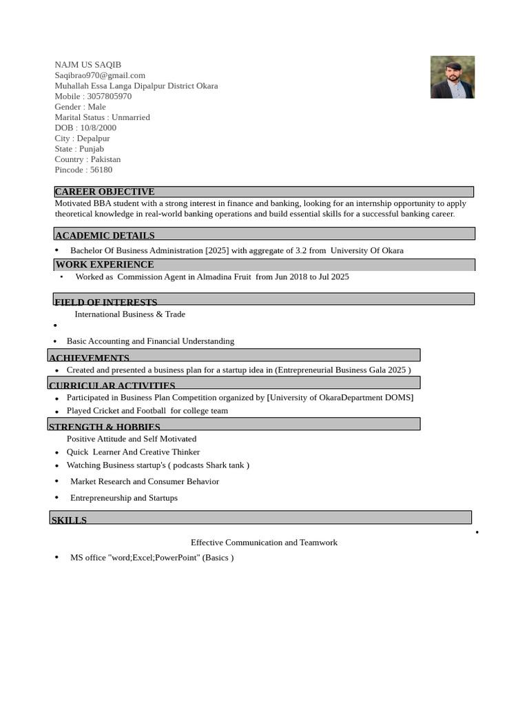BBA Student Resume for Banking Internship | PDF