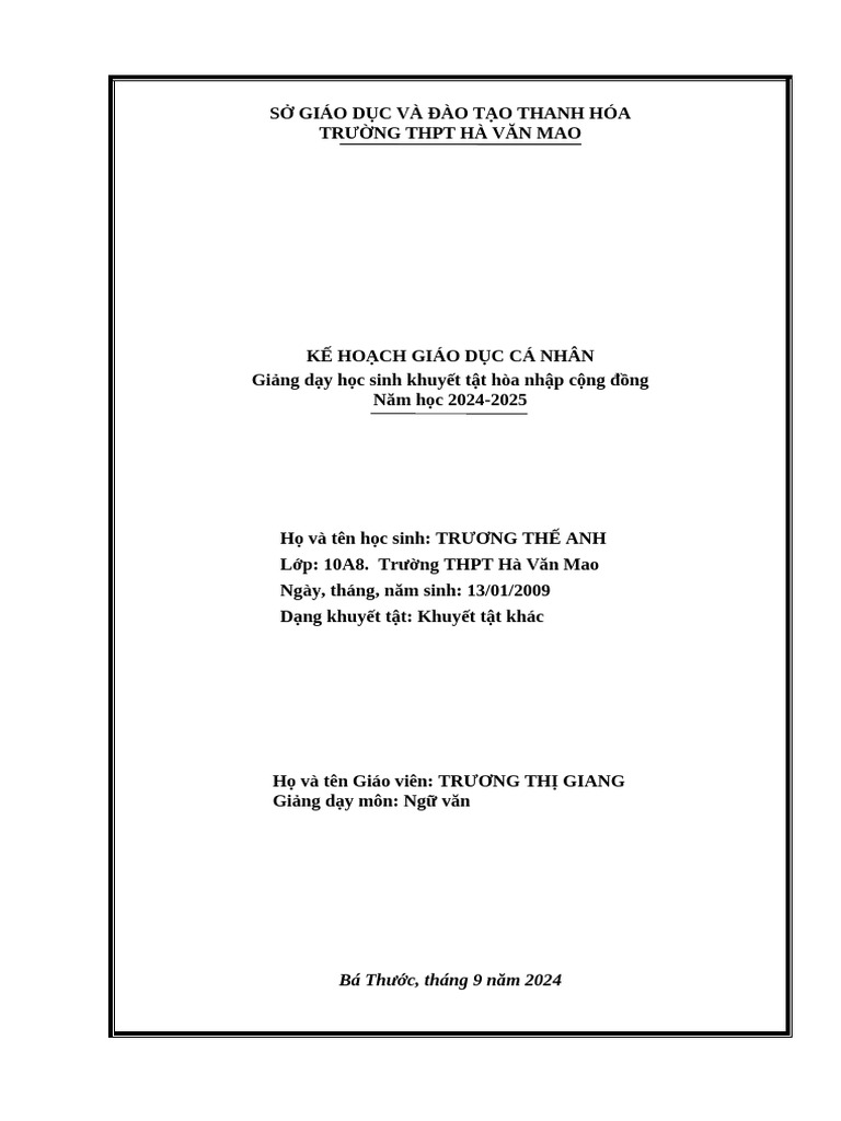 10A8.KẾ HOẠCH GD HSKT CỦA GIÁO VIÊN | PDF