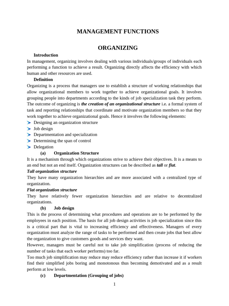 Organizing in Management: Key Functions | PDF | Decentralization ...