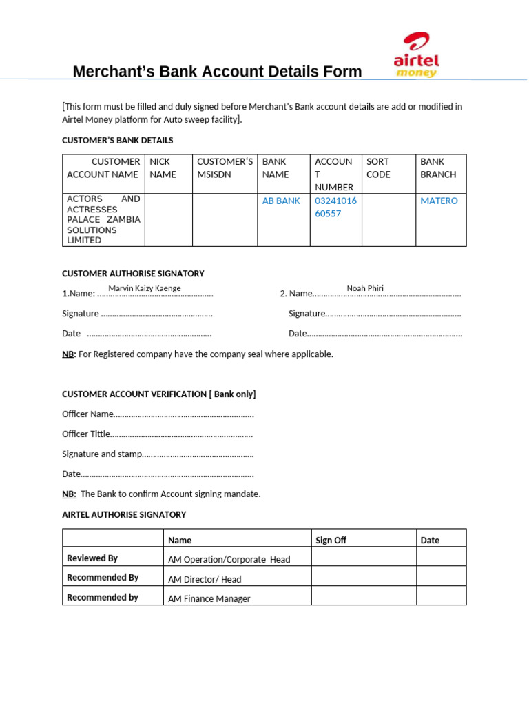 Name - Merchant's Bank Account Details Form | PDF