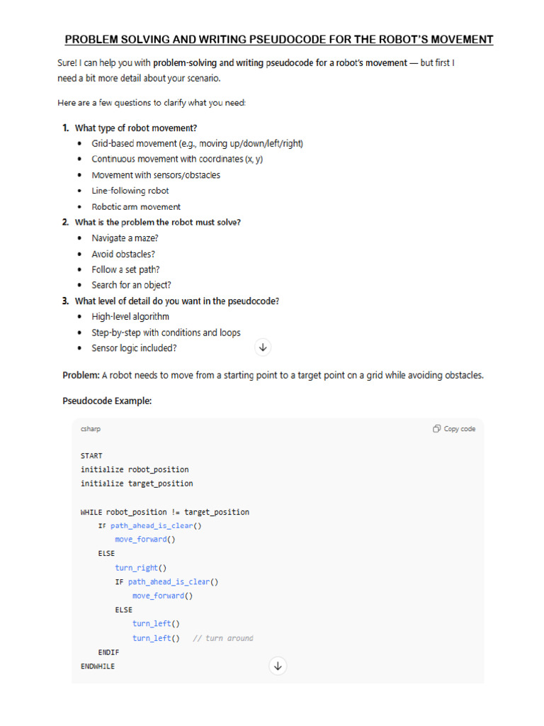 Problem Solving and Writing Pseudocode for the Robot | PDF