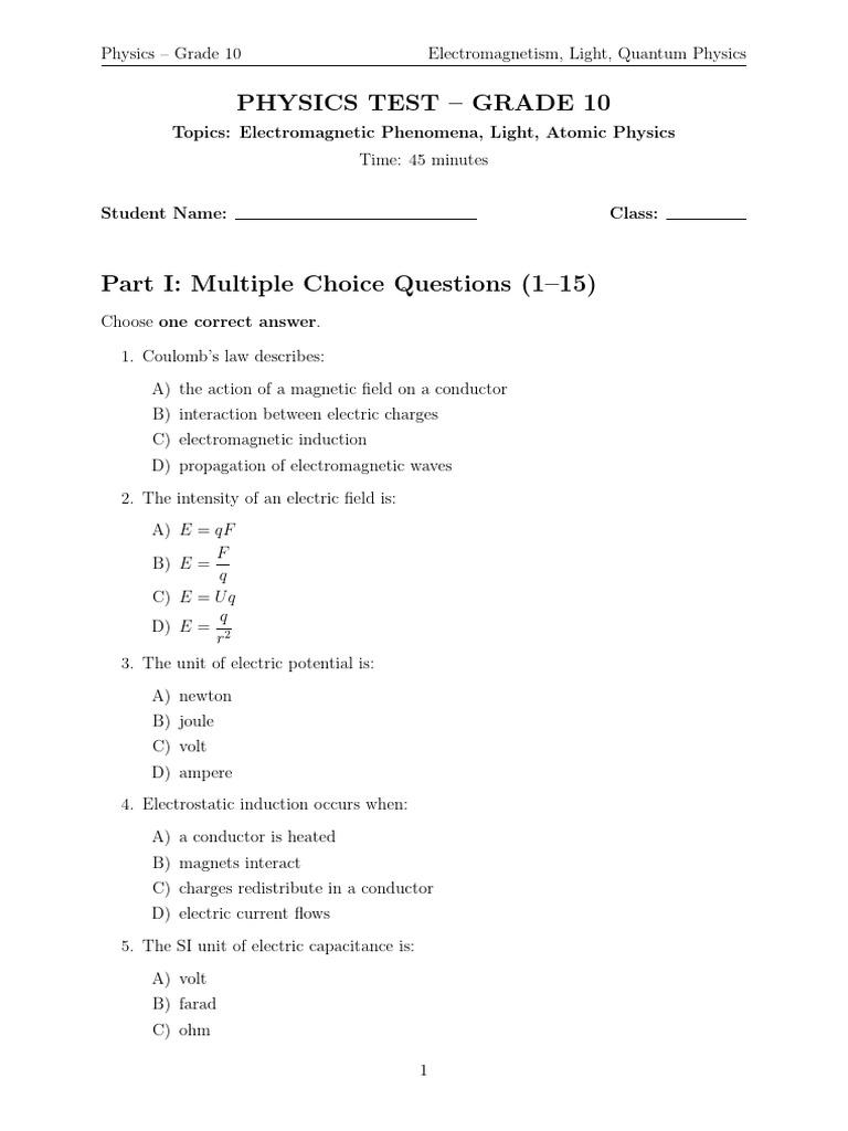 Physics Test Grade 10 | PDF | Light | Electromagnetic Spectrum