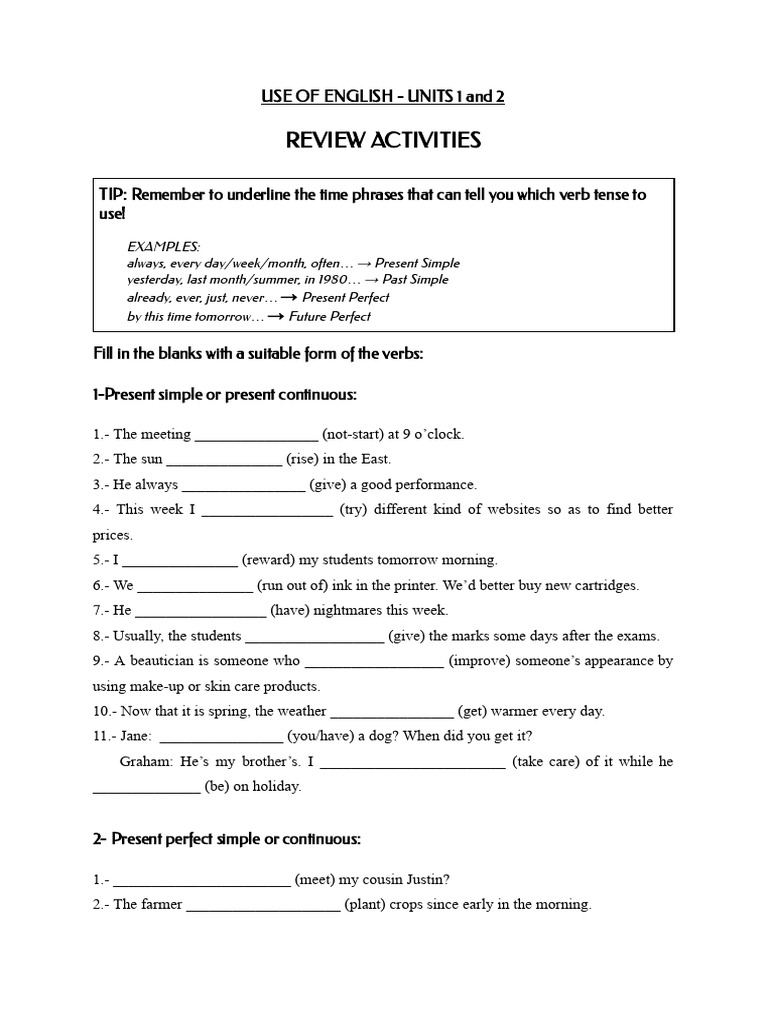 English Verb Tense Review Activities | PDF
