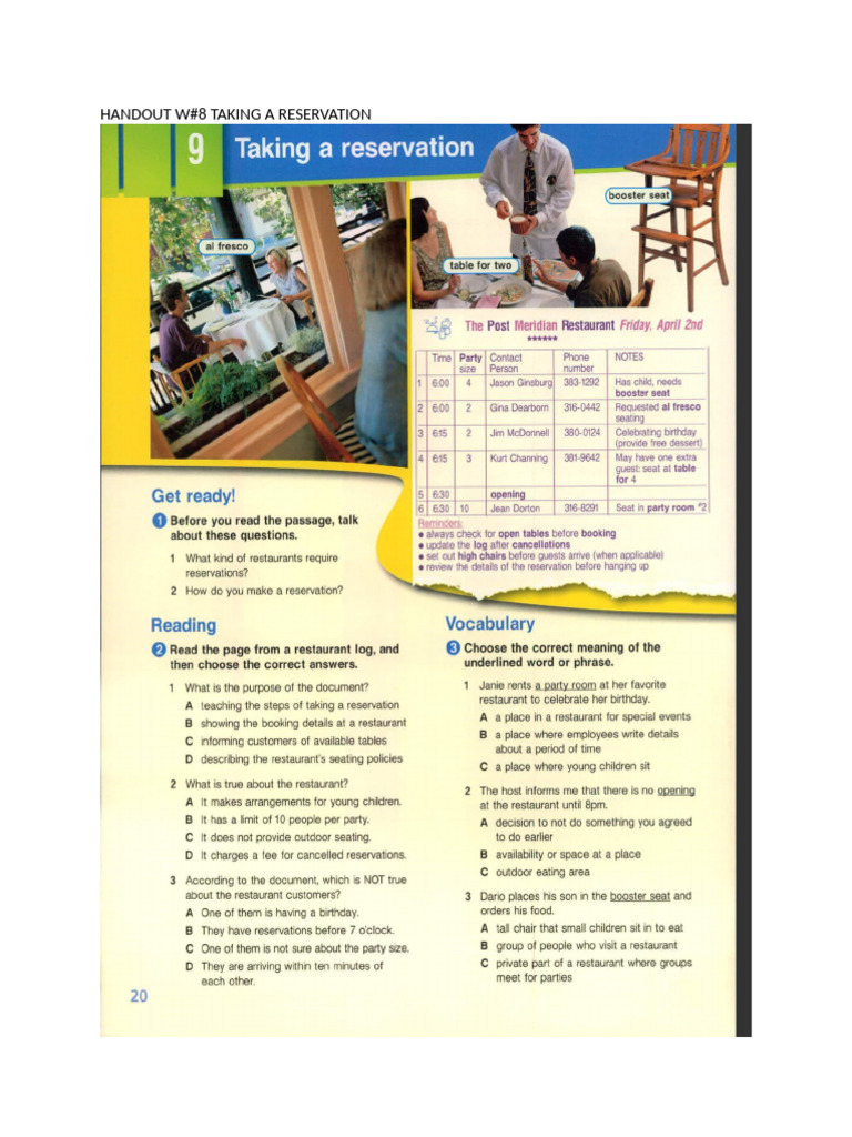 Handout w#8 Taking A Table Reservation | PDF