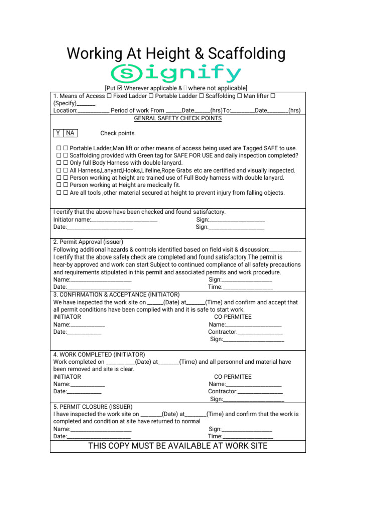 Safety Checklist for Working at Height | PDF | Electrical Wiring ...