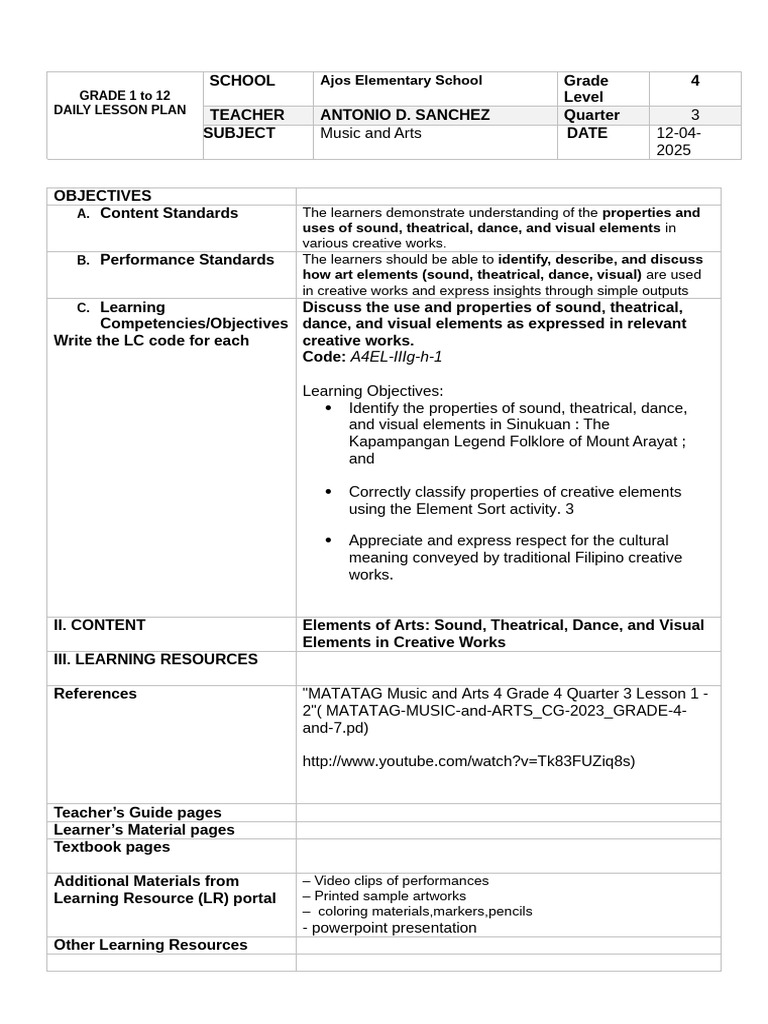 Grade 4 Music & Arts Lesson Plan | PDF | Dances | Lesson Plan