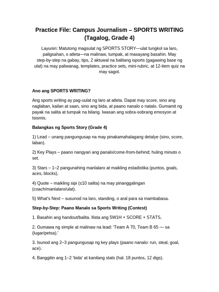 Practice Campus Journalism SportsWriting Grade4 Tagalog With Quiz | PDF