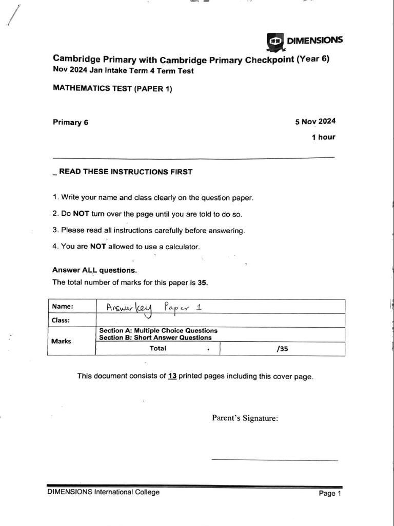 P6 MAths Term Test 4 Answer Key Paper 1 (1) | PDF