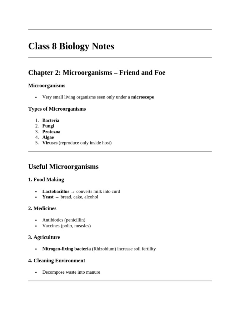 Class 8 Biology Notes | PDF | Acid | Microorganism