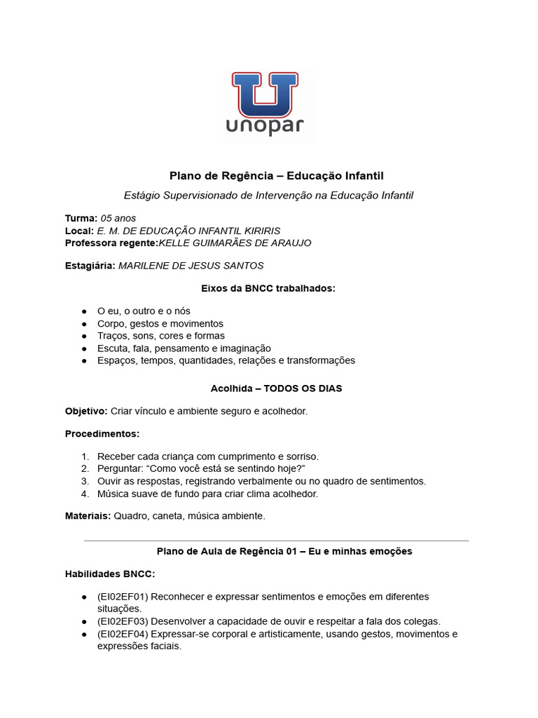 Plano de Regência: Educação Infantil 5 Anos | PDF | Emoções | Desenho