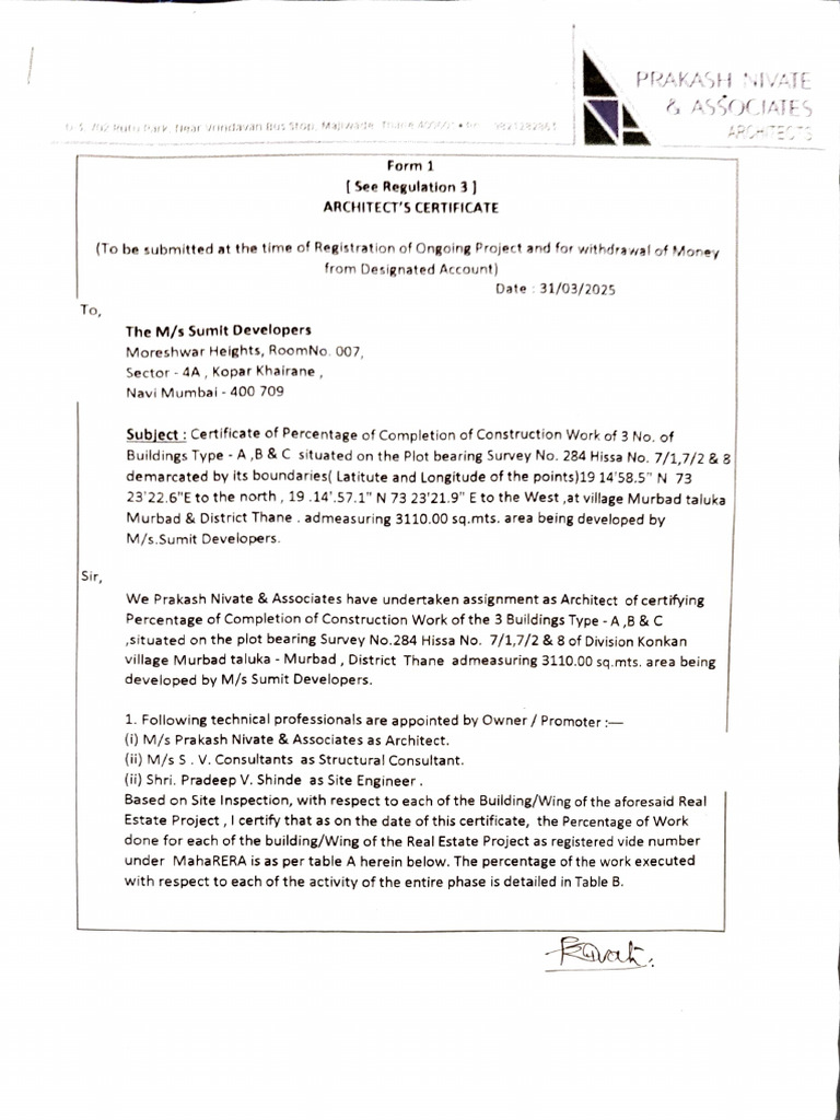 Architect's Completion Certificate for Murbad Project | PDF | Elevator ...