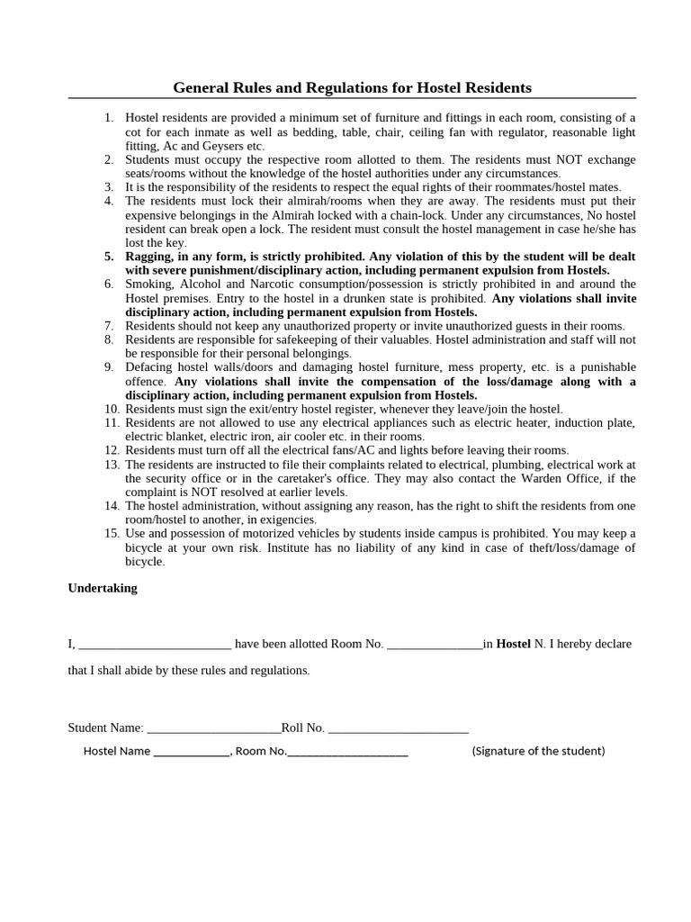 General Rules and Regulations for Hostel Residents | PDF