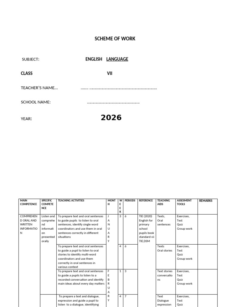 English Language Scheme of Work VII | PDF | Educational Assessment ...
