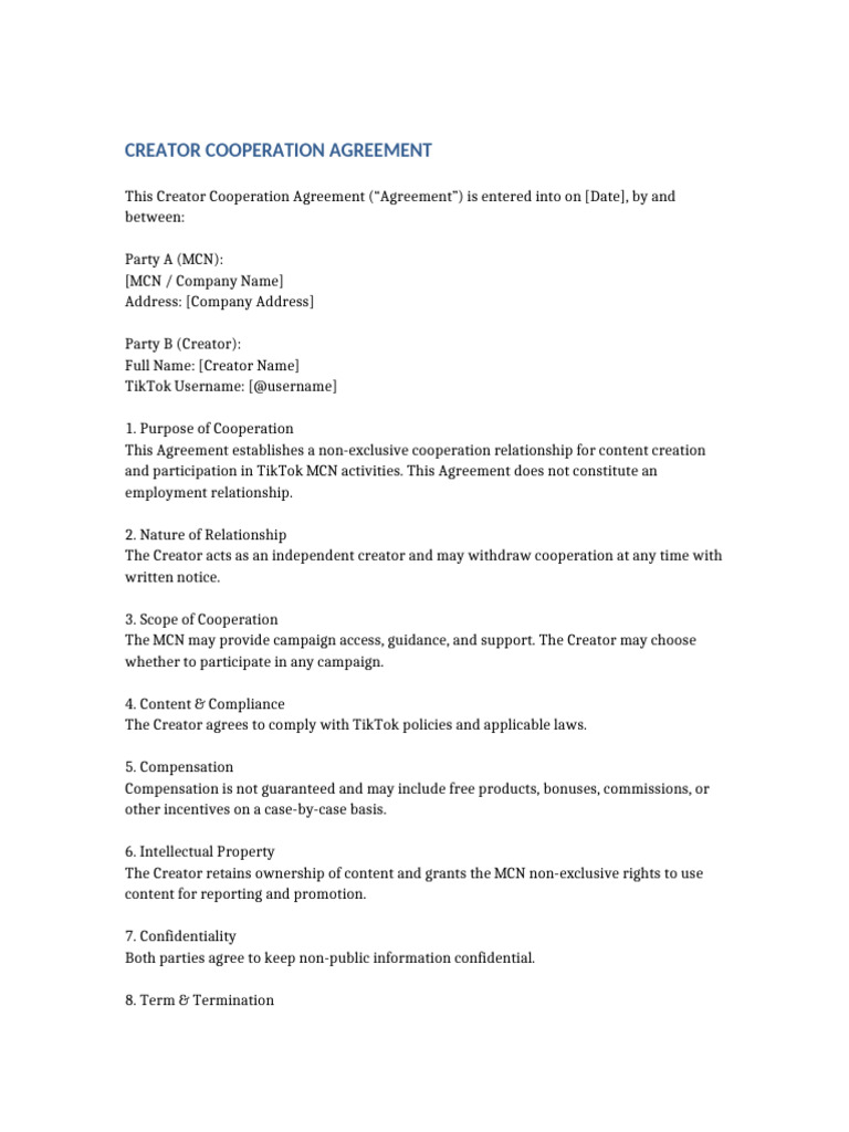 Creator Cooperation Agreement TikTok MCN | PDF