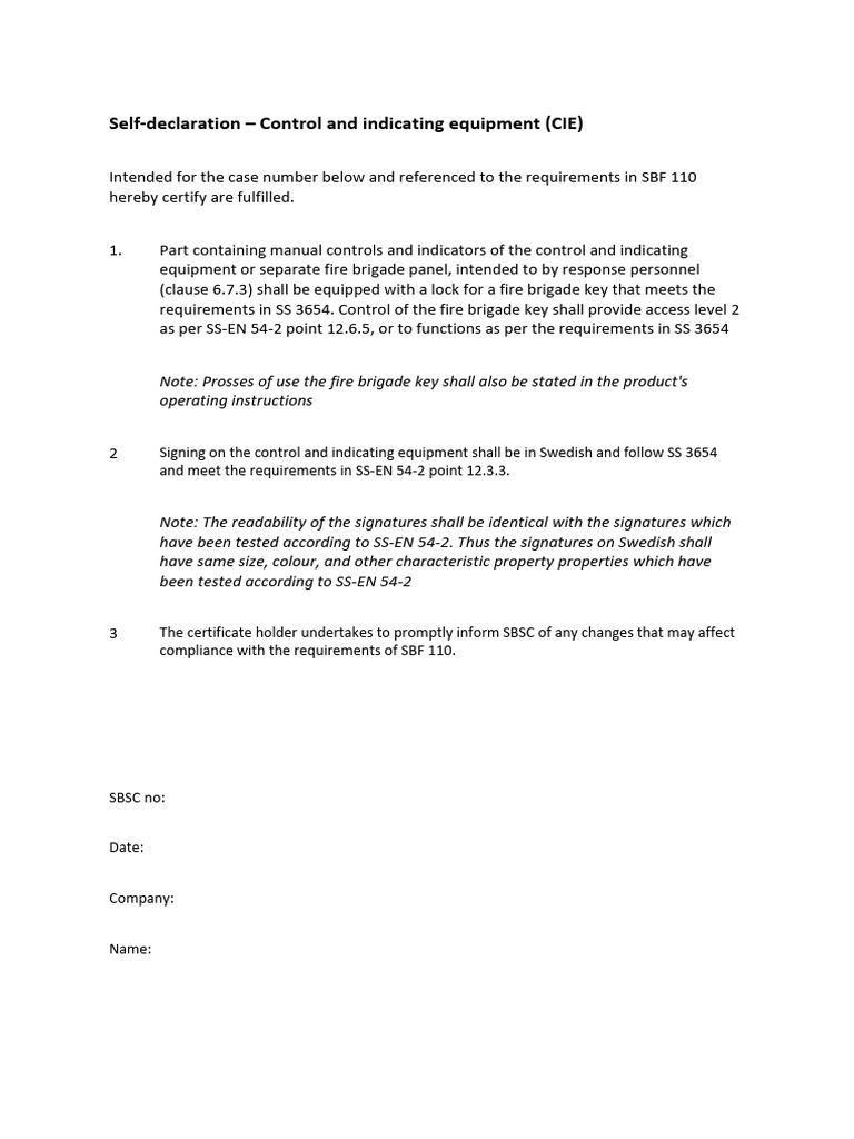 Self-Declaration for Control Equipment Compliance | PDF