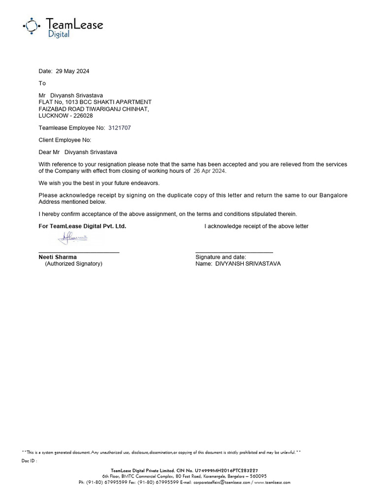 Resignation Acceptance Letter Template | PDF