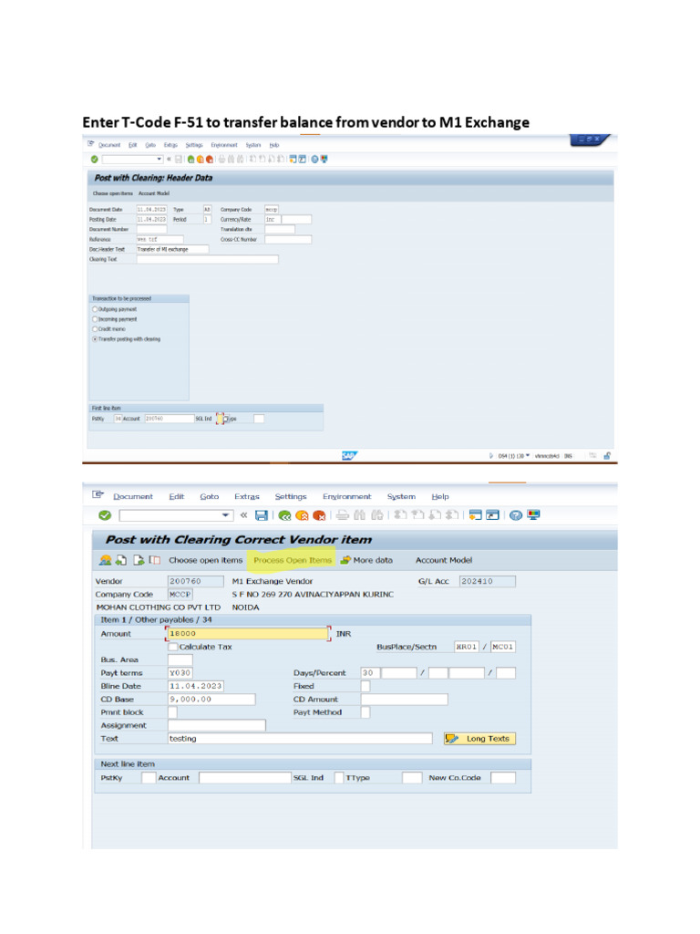 F-51 Post With Clearing Vendor to Vendor | PDF