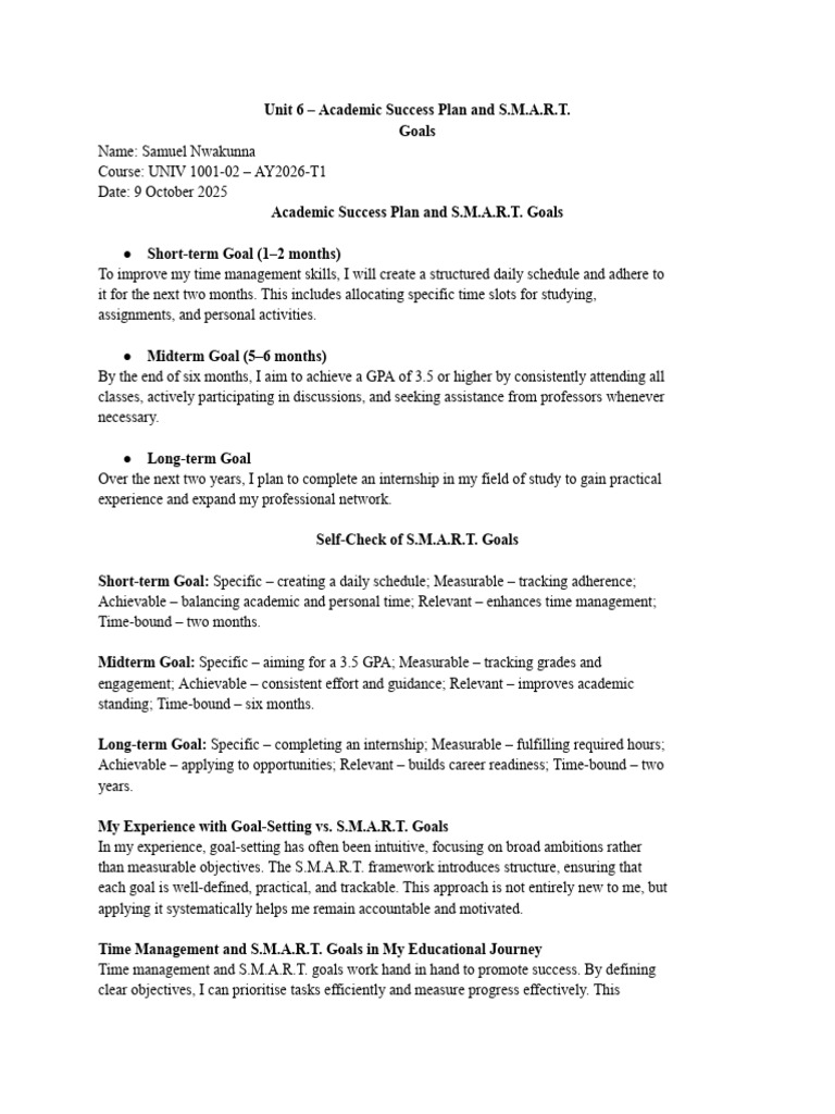 Unit 6 – Academic Success Plan and S.M.a.R.T._goals | PDF | Goal ...
