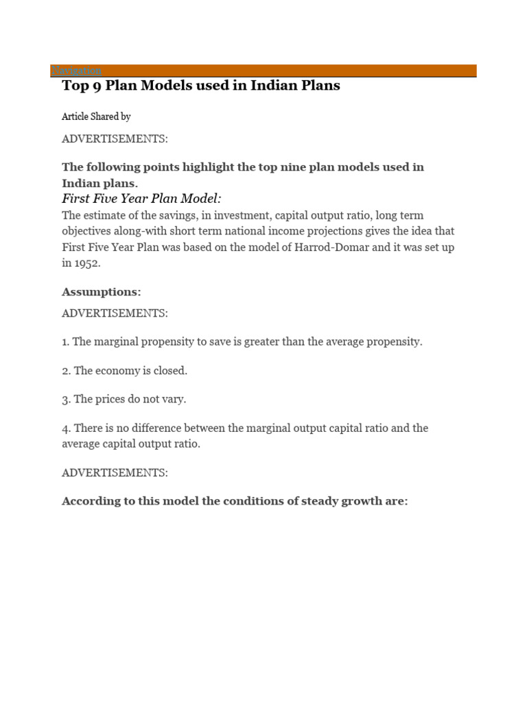 Top 9 Indian Plan Models Explained | PDF | Economic Growth ...