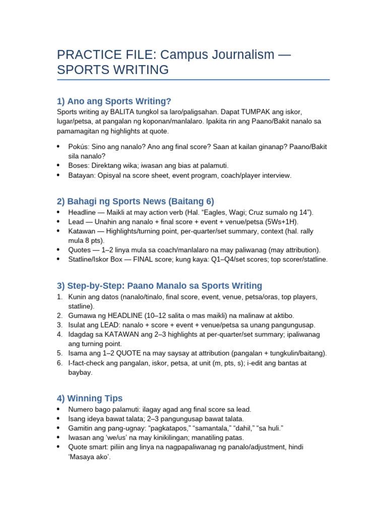 Campus Journalism Sports Grade6 Practice File Tagalog 2Dyaryo QUIZ | PDF