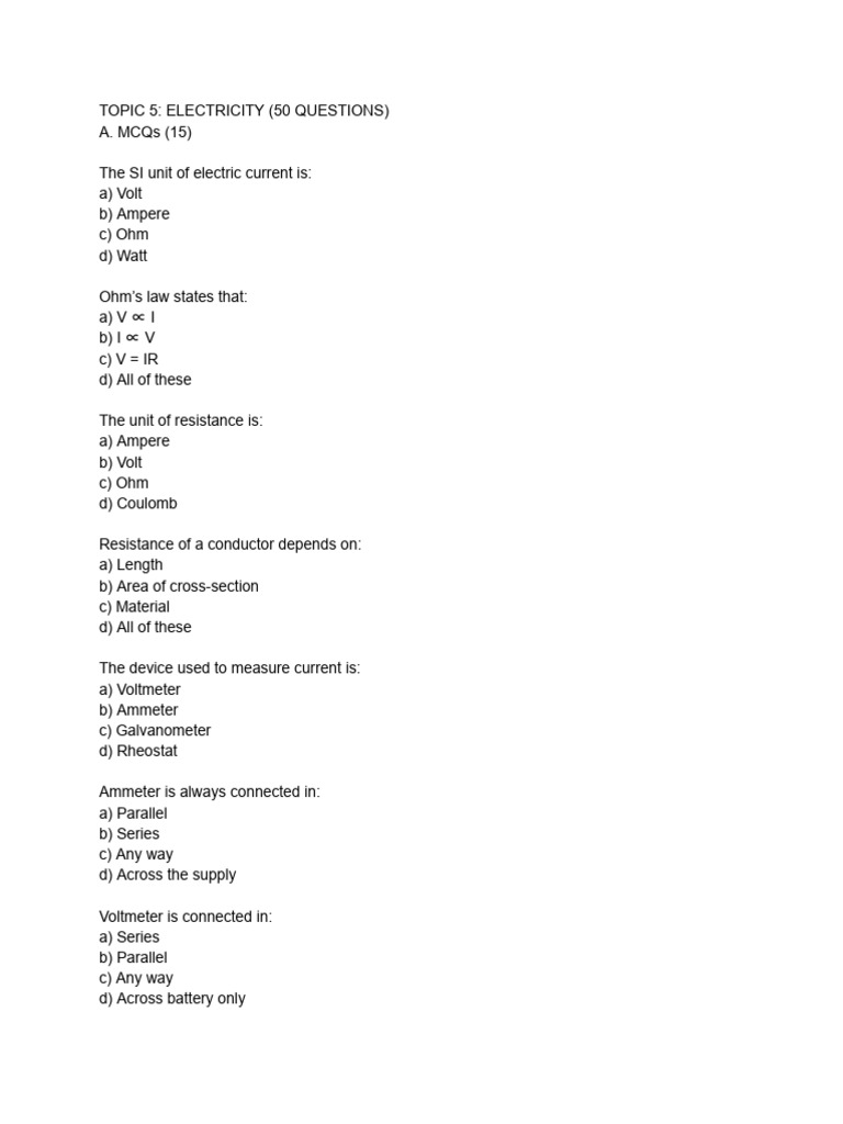 Electricity MCQs and Concepts Guide | PDF | Series And Parallel ...