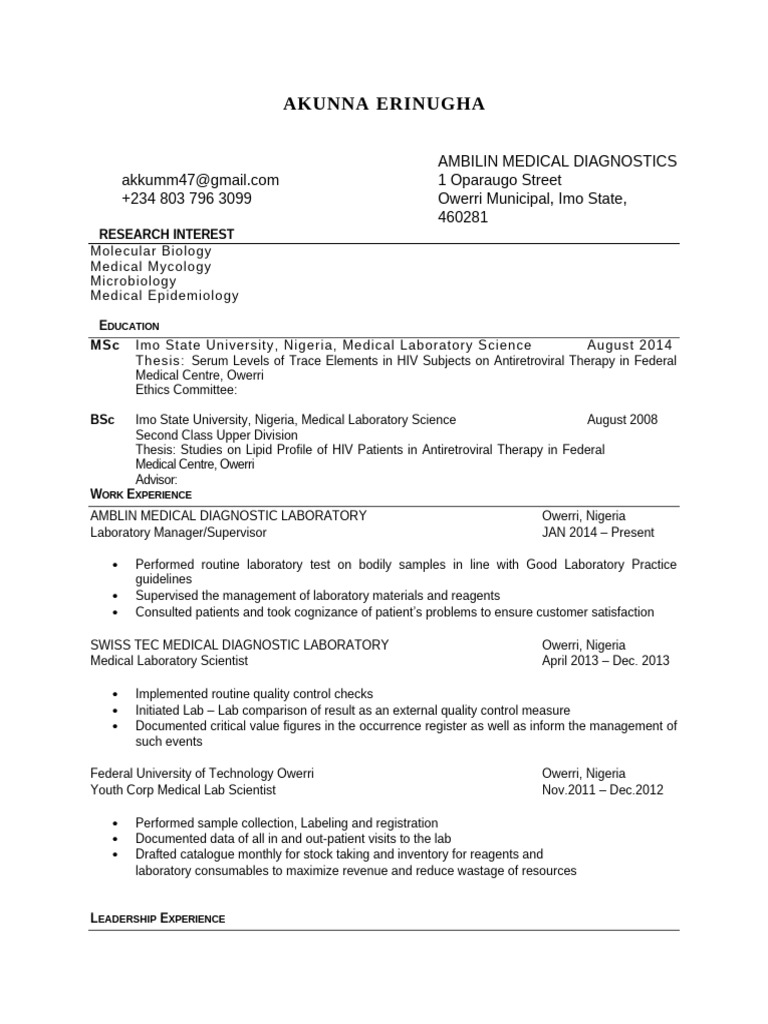 Akunna Erinugha Updated Cv | PDF | Medical Laboratory | Health Care